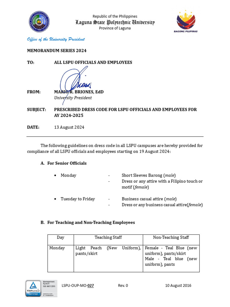 OUP Memo 027 S. 2024 Dress Code - LSPU | PDF