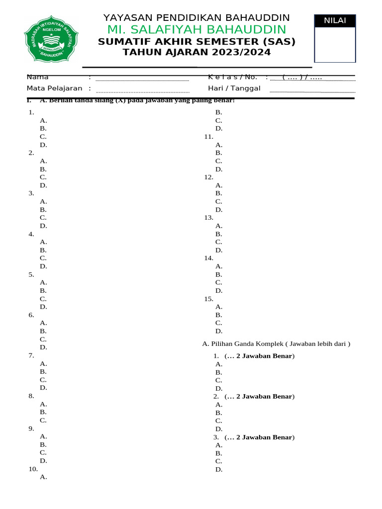 FORMAT SOAL SAS KELAS IV & V (2023-2024) | PDF
