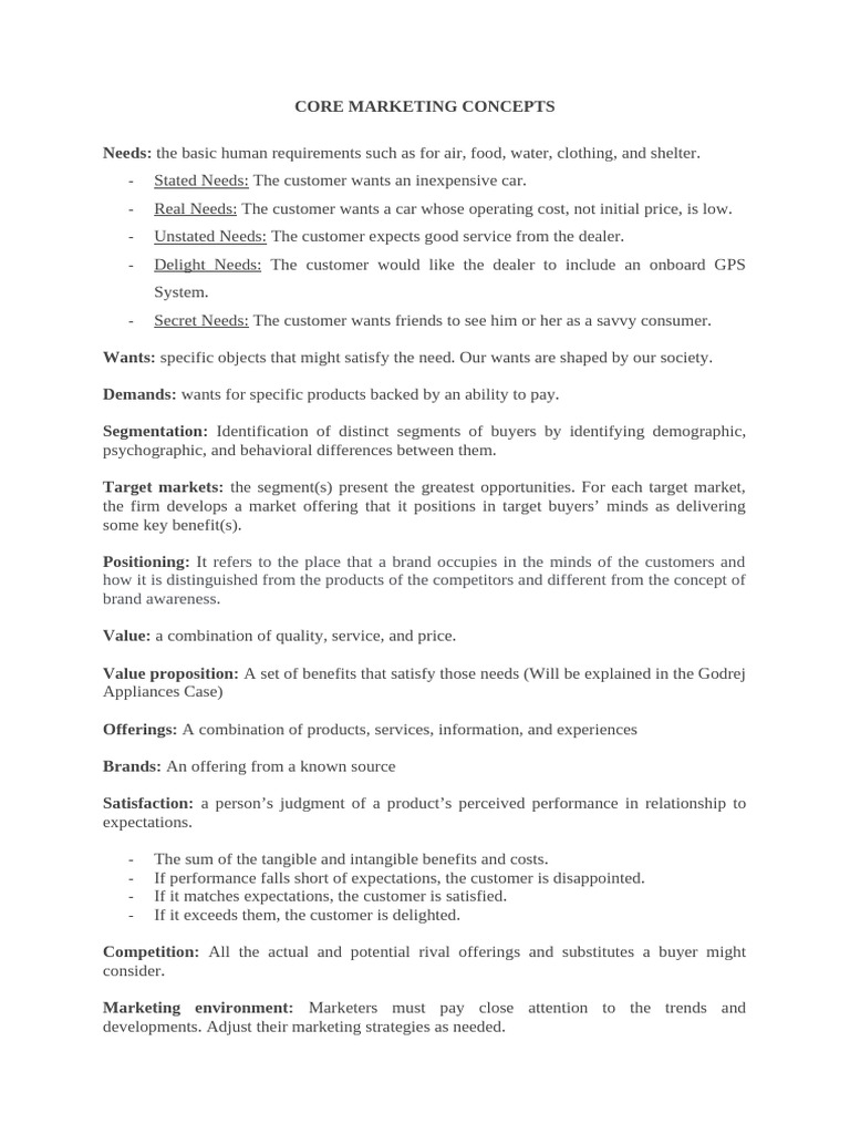 Core Marketing Concepts Pdf Marketing Brand
