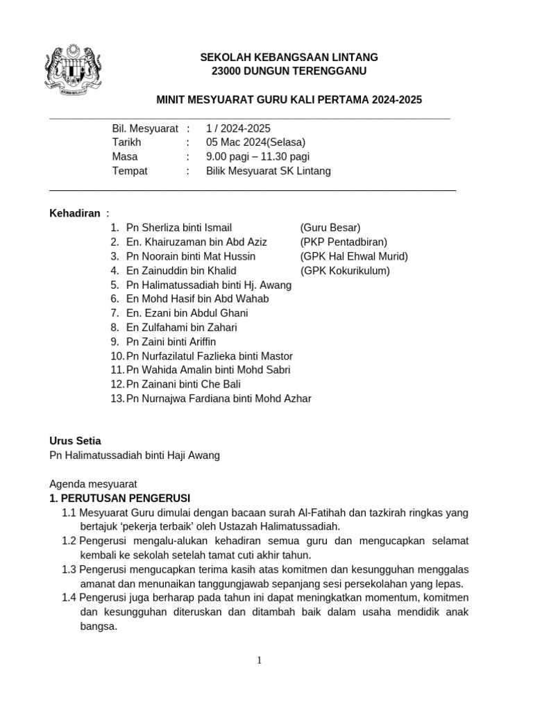 Minit Mesyuarat Guru 1 2024 | PDF