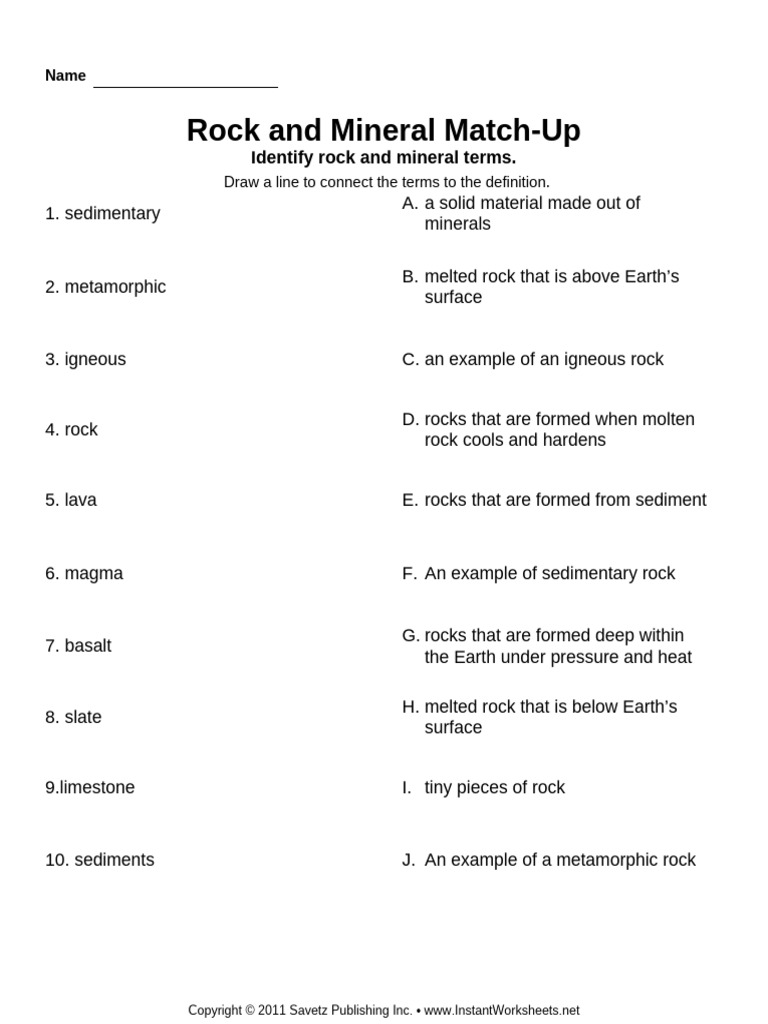 Rocks Minerals Vocabulary Matching WS | PDF