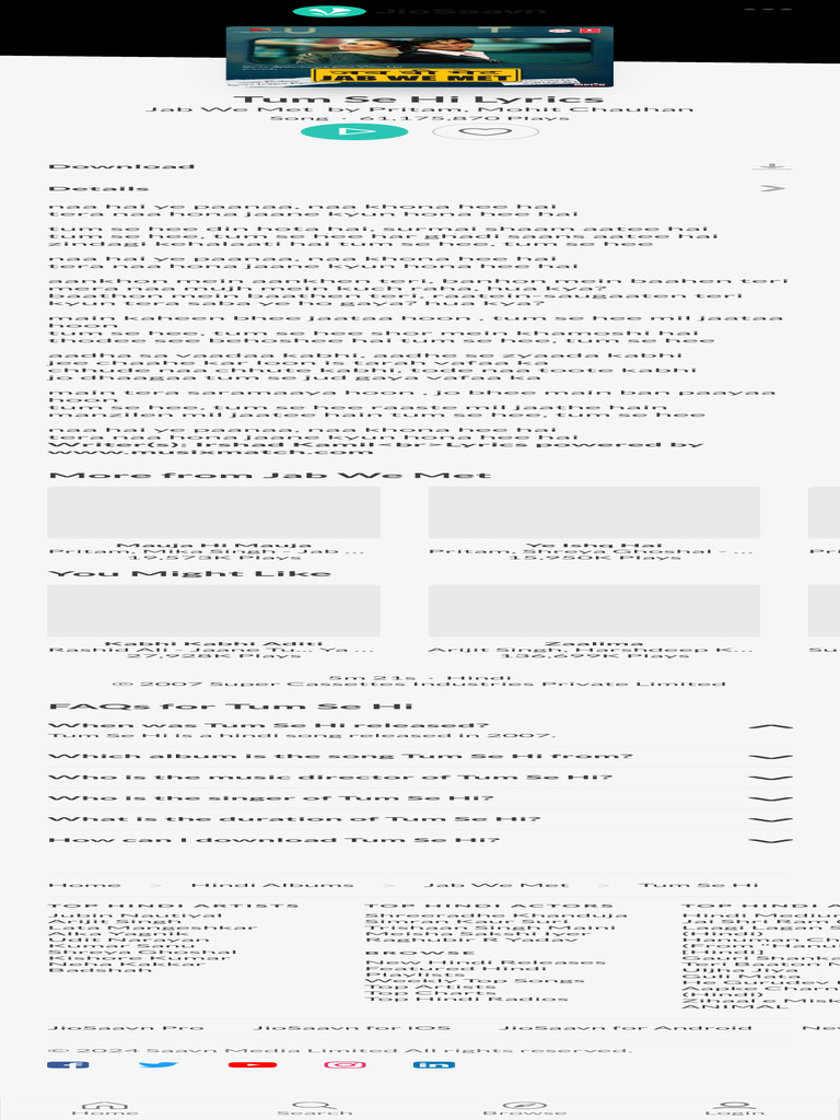 Tum Se Hi Lyrics - Jab We Met - Only On JioSaavn | PDF