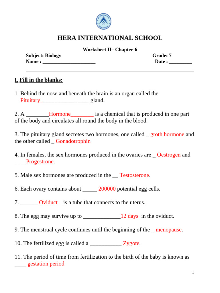 Gr. 7 Bio WS Ch.6 Ans Key | PDF | Ovary | Fertilisation