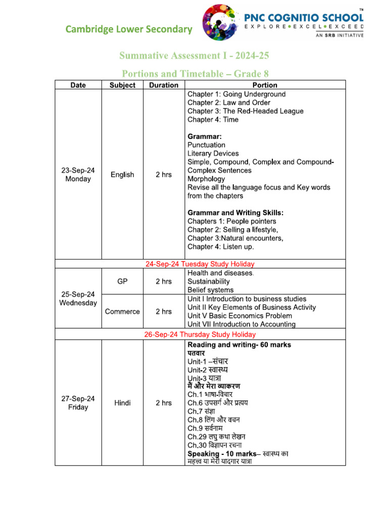 G8 SA1 Timetable and Portions Final | PDF