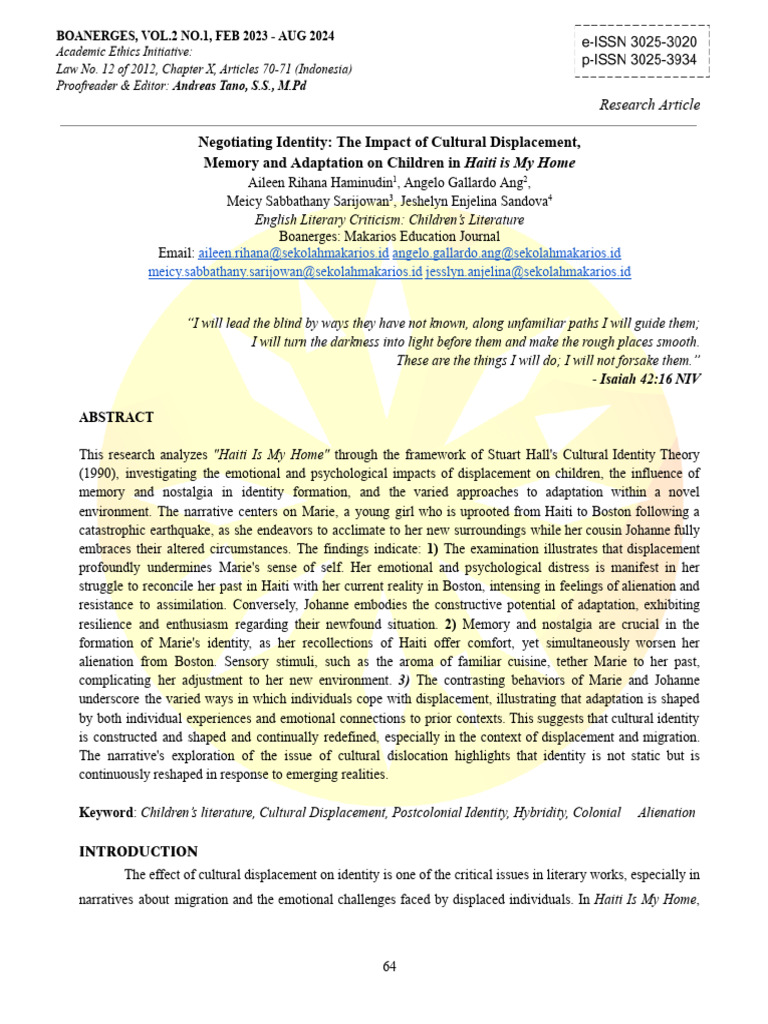 Negotiating Identity: The Impact of Cultural Displacement, Memory and ...