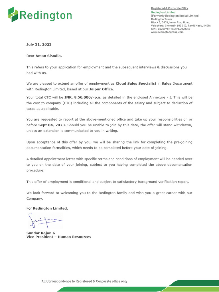 Aman Sisodia - Offer Letter | PDF