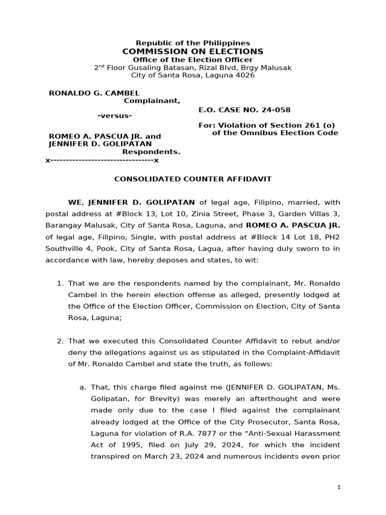 Joint Counter Affidavit JD Golipatan Ra Pascua | PDF