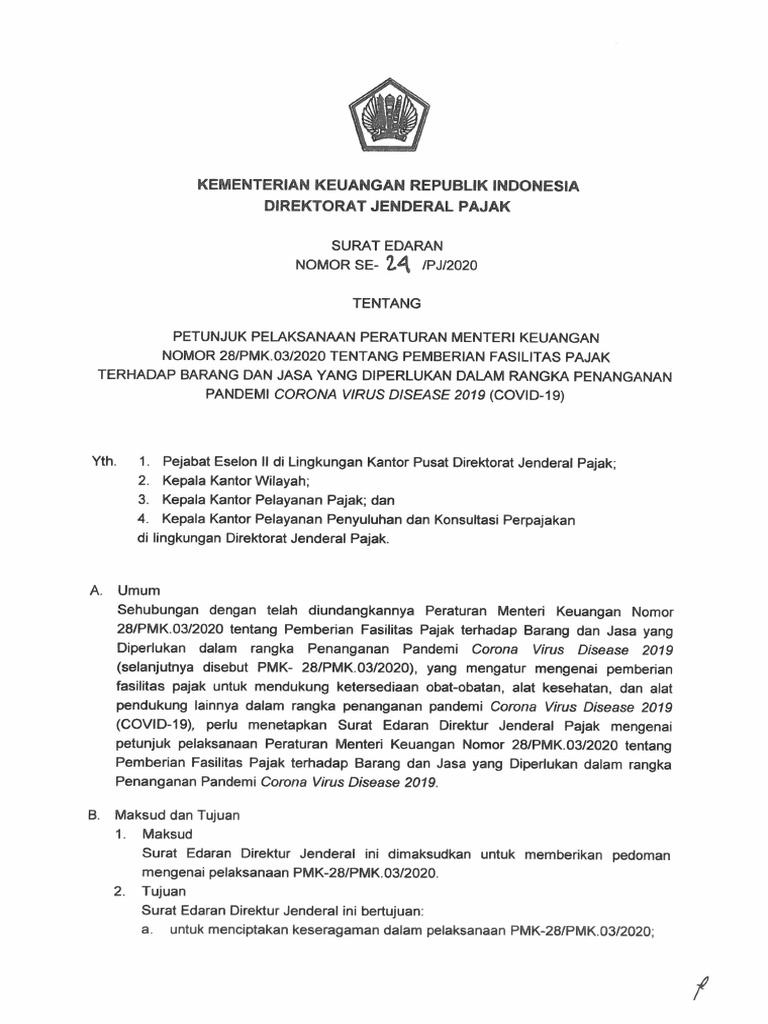 Surat Edaran Direktur Jenderal Pajak Nomor Se 24 PJ 2020 Tahun 2020 | PDF