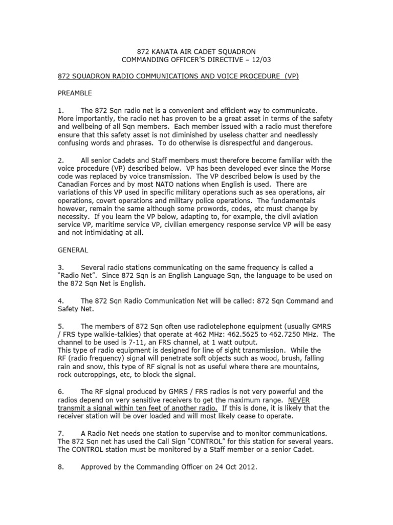 COs Directive 12 03 RADIO COMMUNICATIONS AND VOICE PROCEDURE | PDF