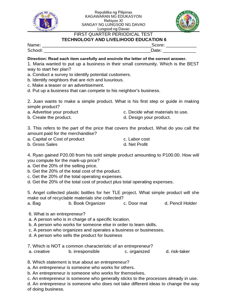 Tle 6 1st Quarter Exam Ict Entrep | PDF