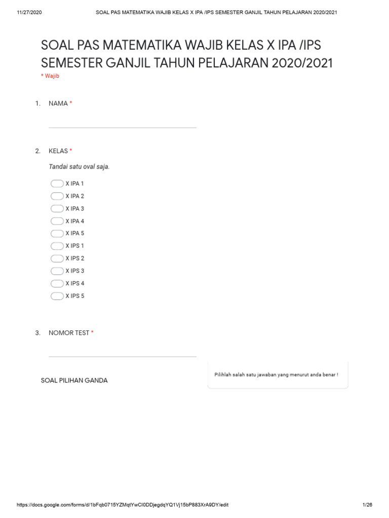 SOAL PAS MATEMATIKA WAJIB KELAS X SEMESTER GANJIL TAHUN PELAJARAN 2020 - 2021 - Google Formulir ...