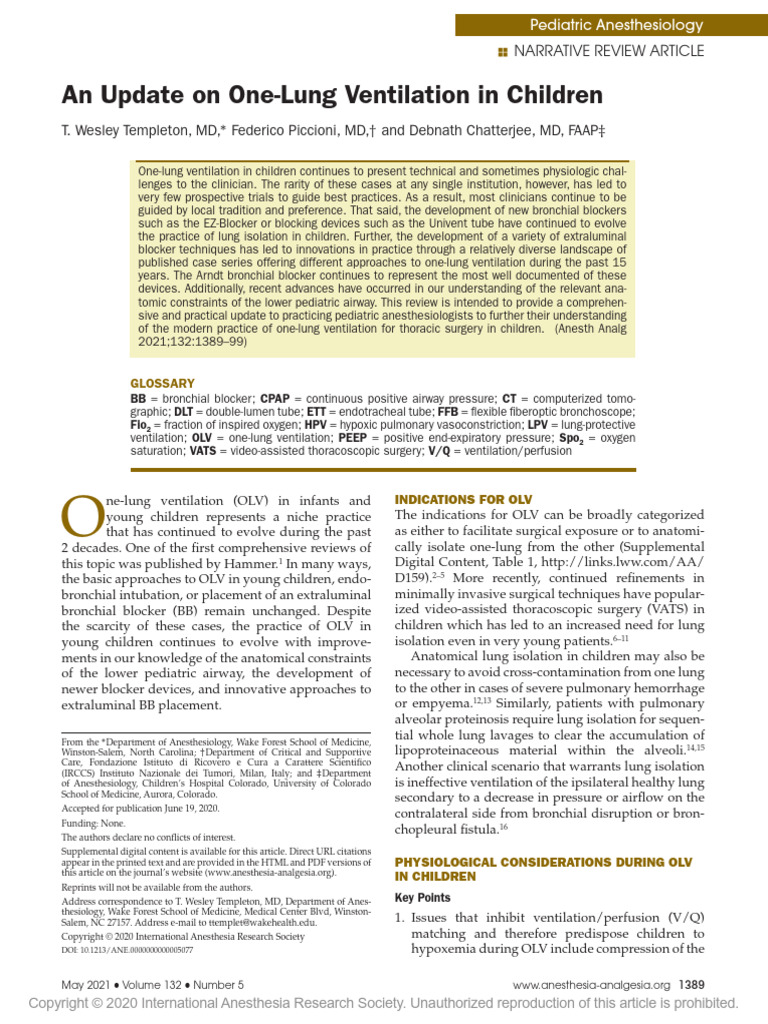 An Update On One Lung Ventilation in Children.28 | PDF