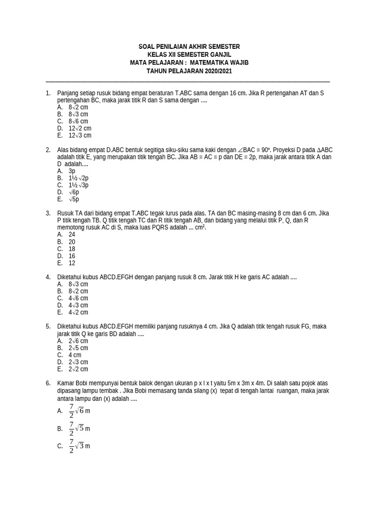 SOAL PAS MATEMATIKA WAJIB KLS XII GAnjil 2020 | PDF