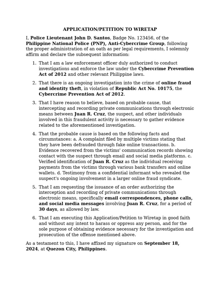 APPLICATION or PETITION TO WIRETAP Sample | PDF