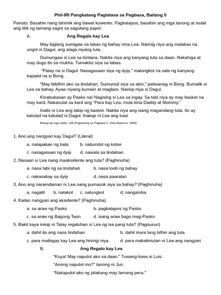 Phil IRI GR. 5 GST With Answer Sheet | PDF