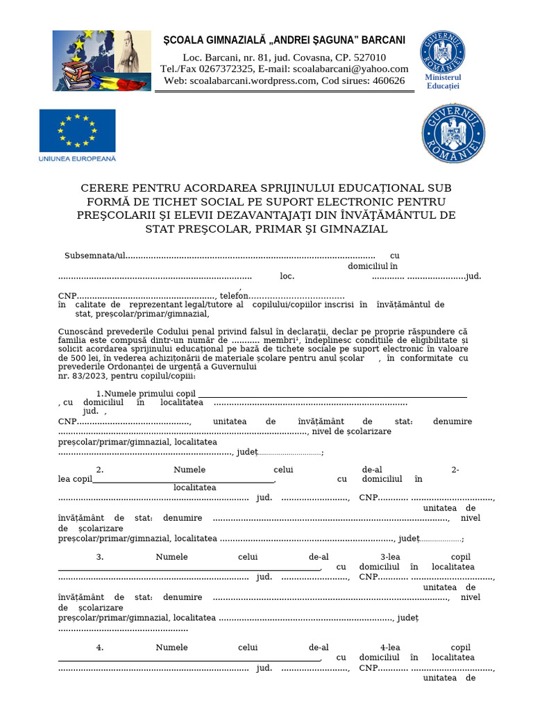 Model Cerere Tichete Sociale 2024 2025 | PDF