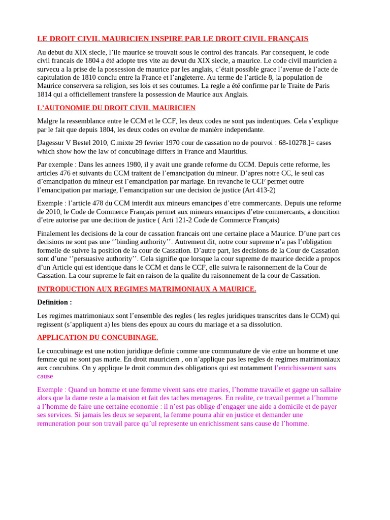Droit Civil Mauricien et Régimes Matrimoniaux | PDF | Social ...