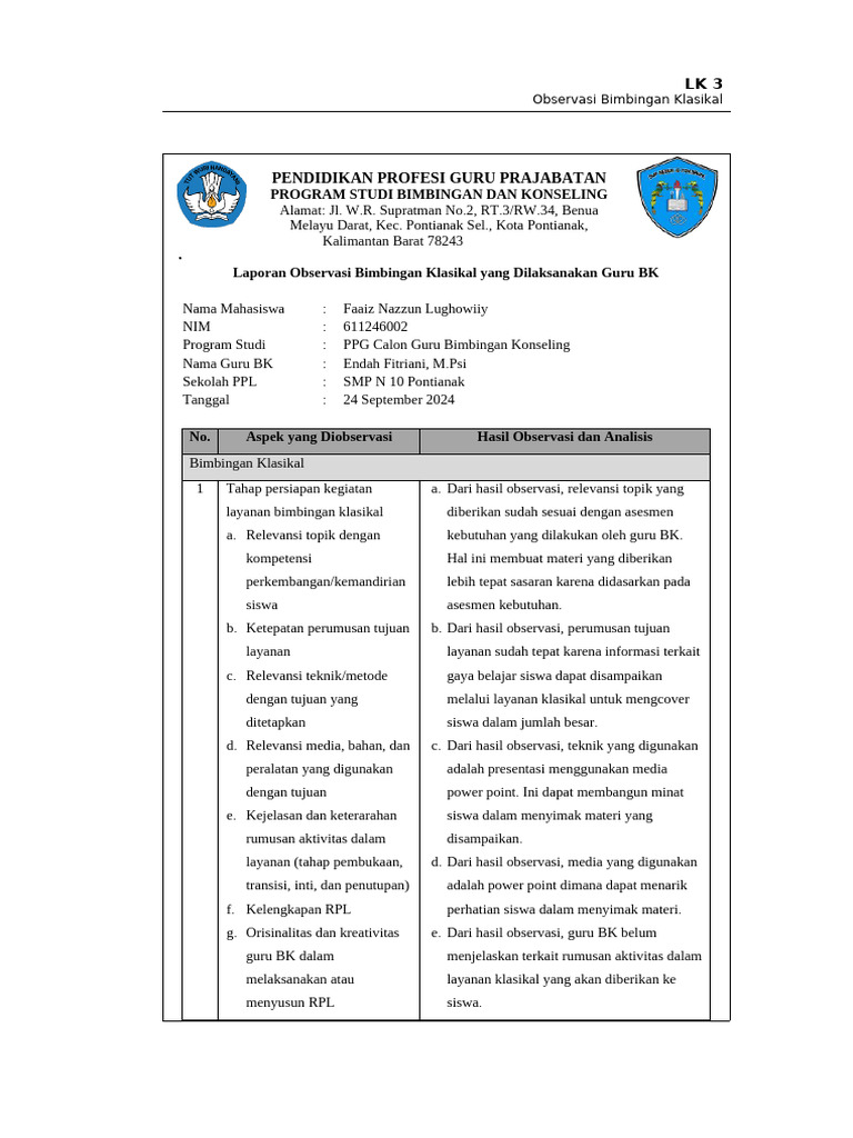 LK 3 - Observasi Bimbingan Klasikal | PDF