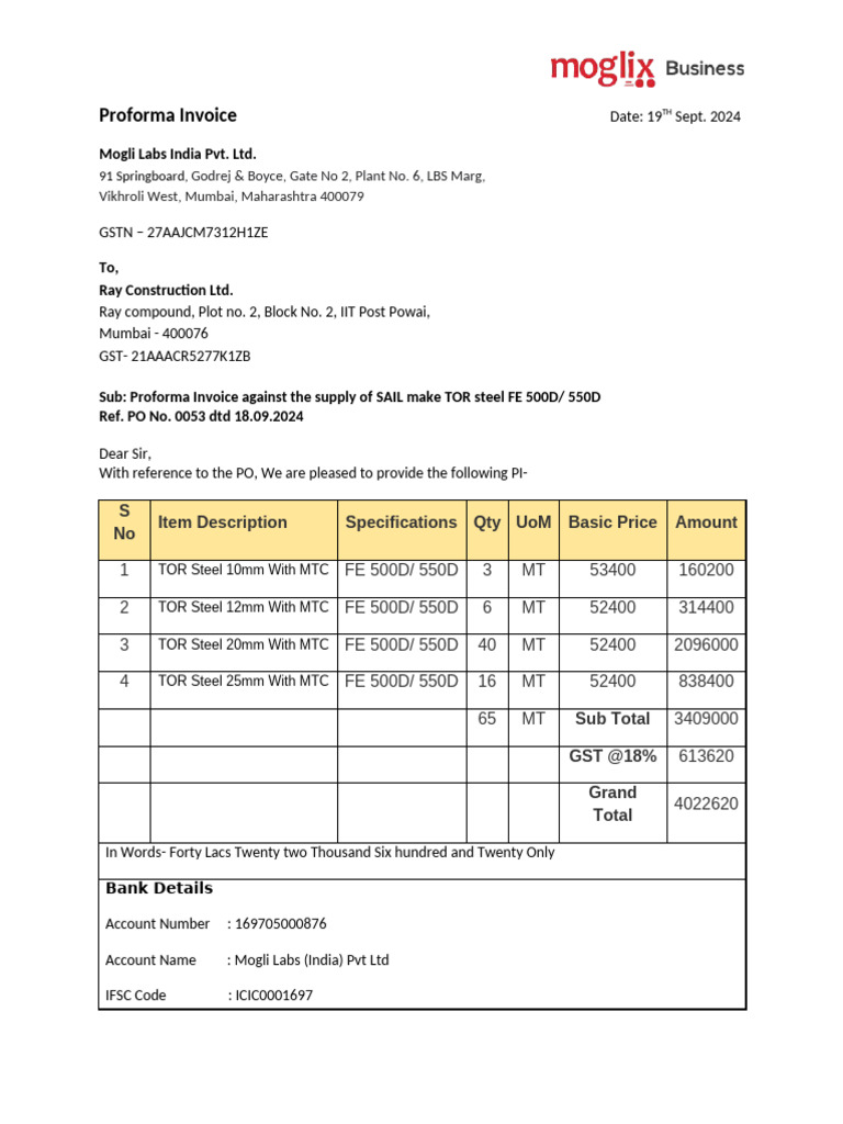 Proforma Invoice Construction | PDF