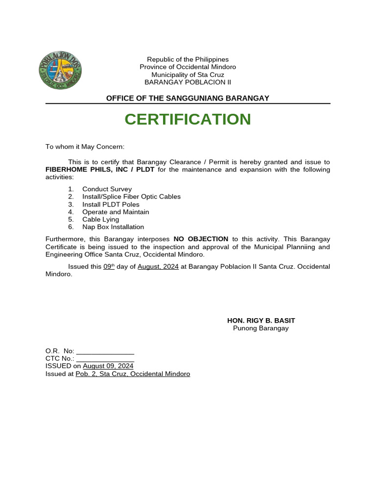 Certification For FIBERHOME PHILS, INC PLDT | PDF