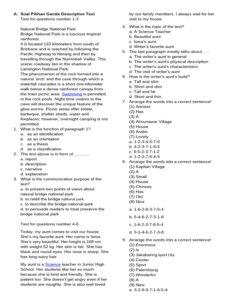 Descriptive Text Exercises for Grade 10 | PDF