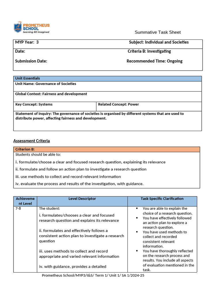 MYP3 Criteria BUnit 1 Summative Assessment 1 | PDF