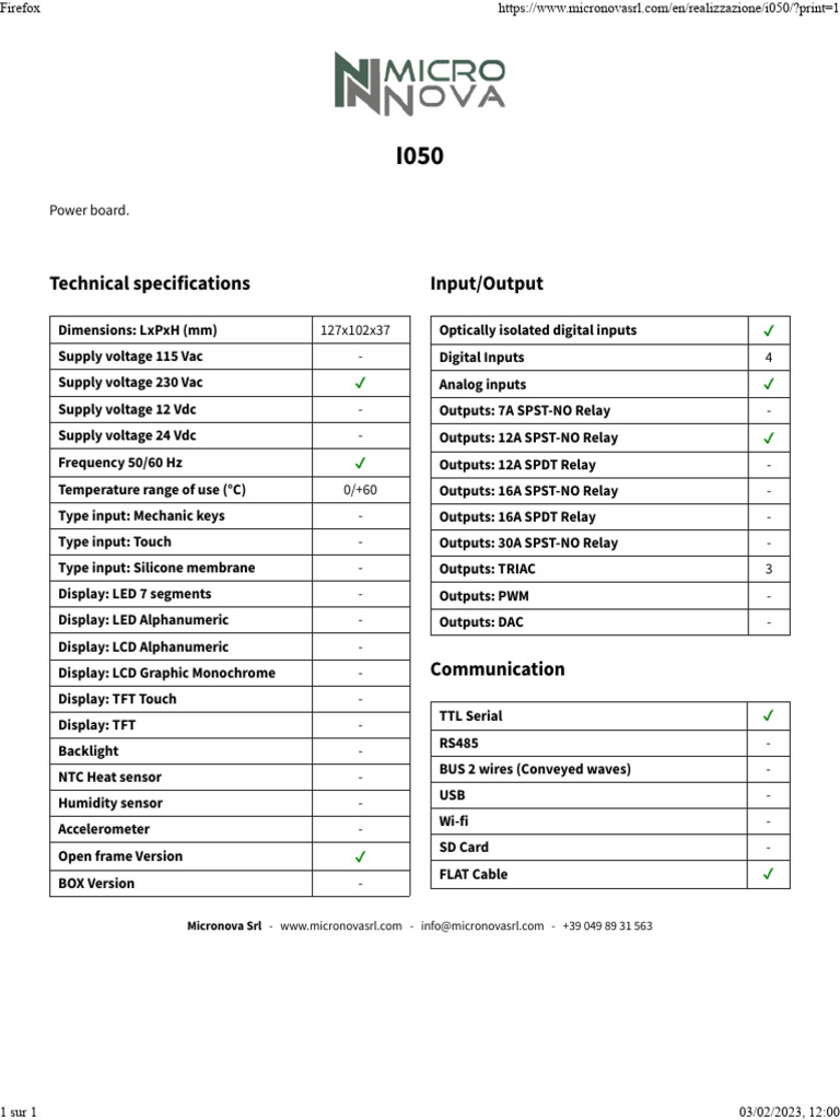 Technical Specifications Input/Output: Power Board | PDF