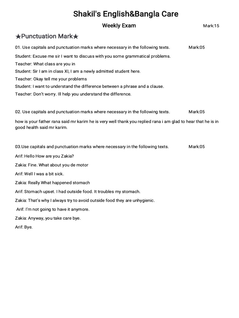 English-Bangla Punctuation Practice Exam | PDF