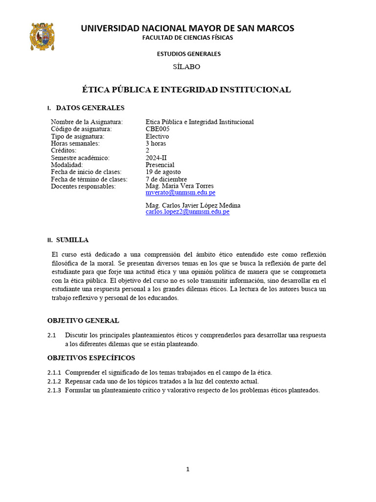 Sílabo Etica Pública e Integridad Institucional - Final | PDF