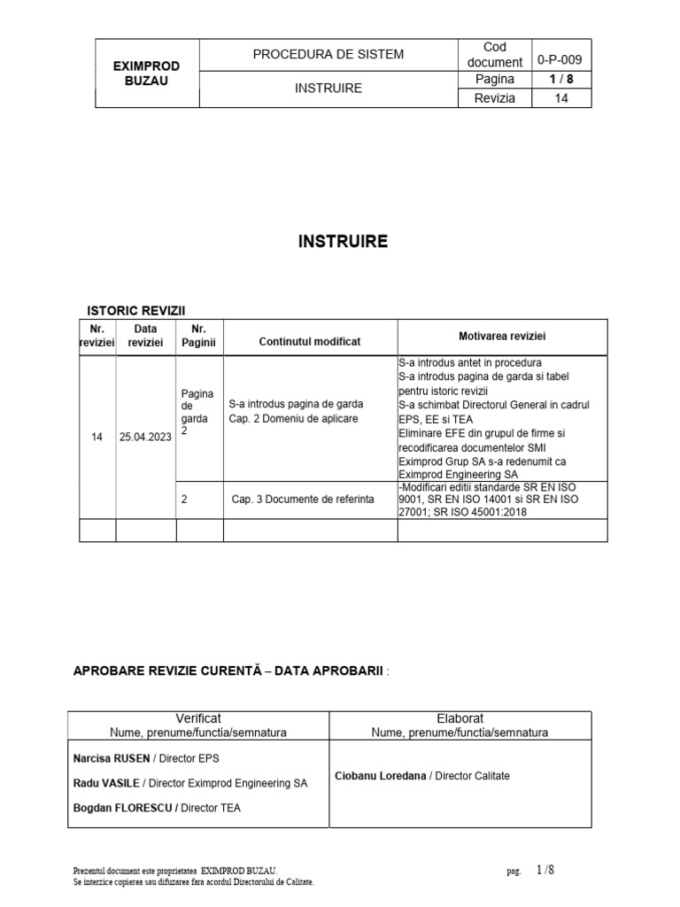 0-P-009 Instruire - Rev 14 | PDF