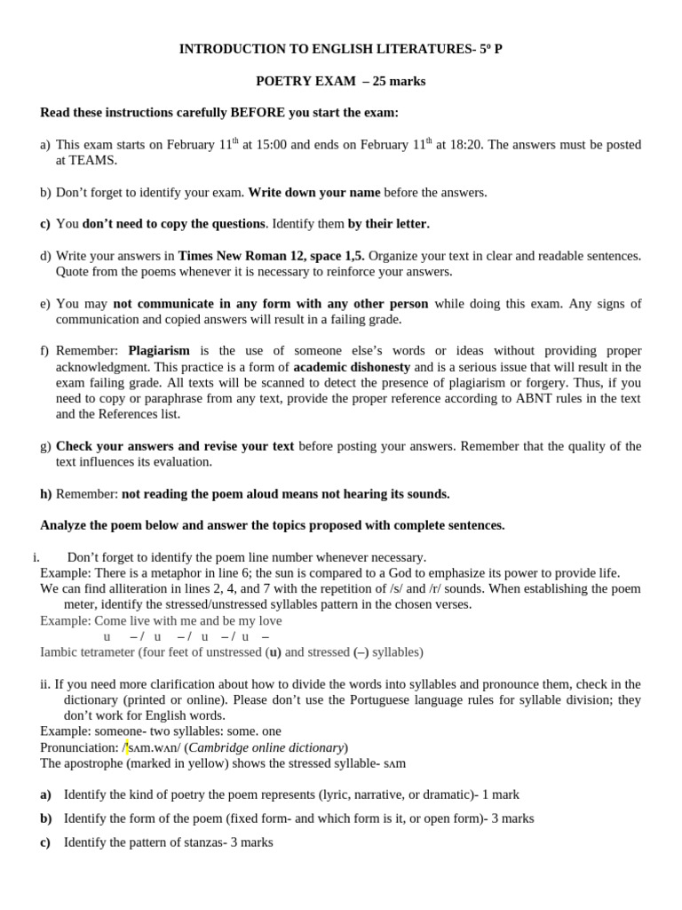 Exam On Poetry | PDF
