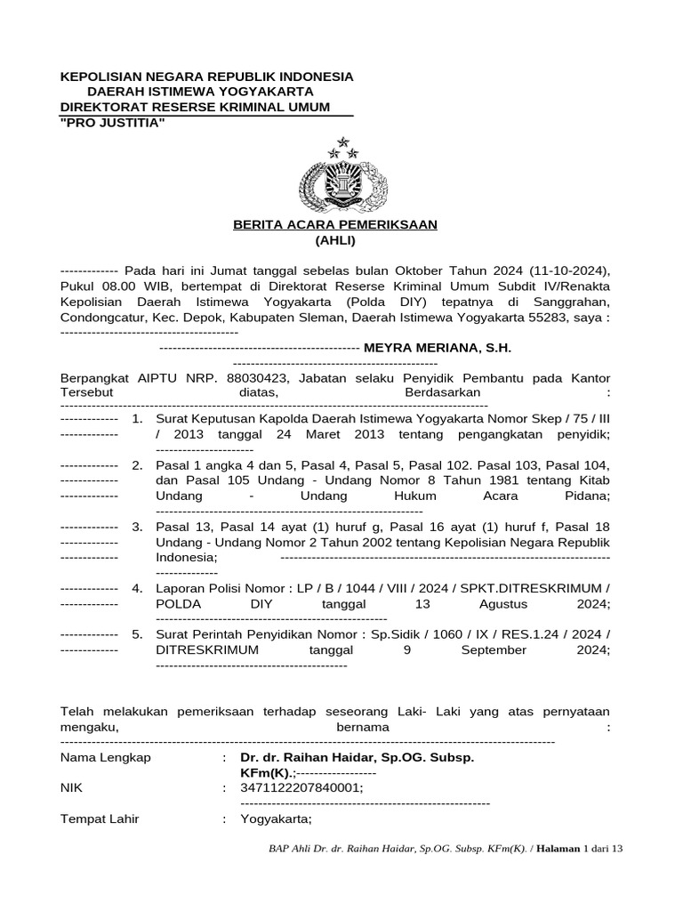 BAP AHLI OBGYN Dr. Dr. Raihan Haidar, SP - Og. Subsp. KFM (K) - New | PDF