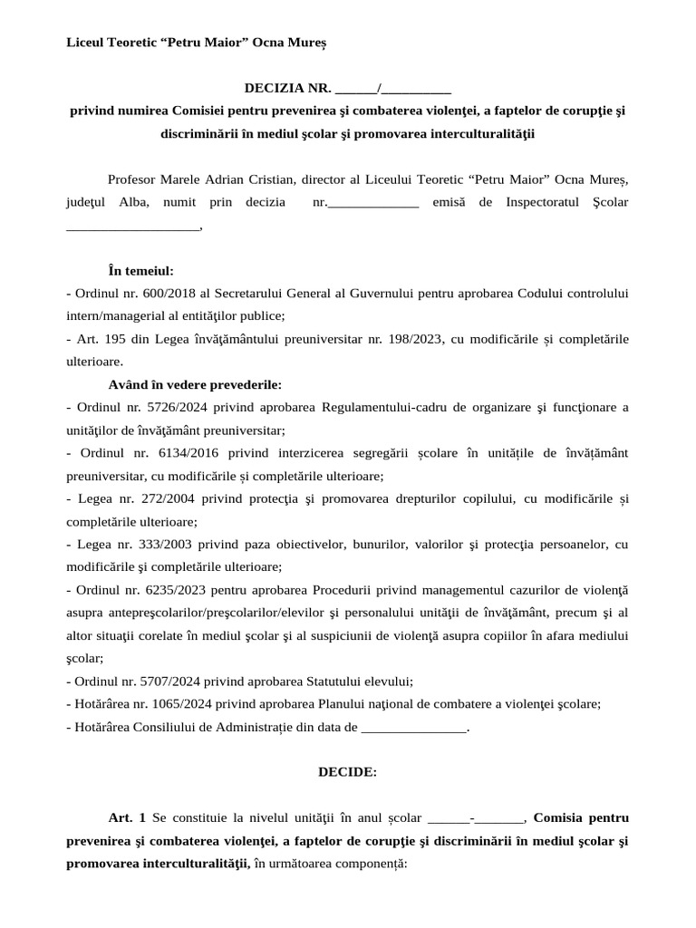 1 Decizie Numire Comisie Prevenire Si Combatere Violenta | PDF