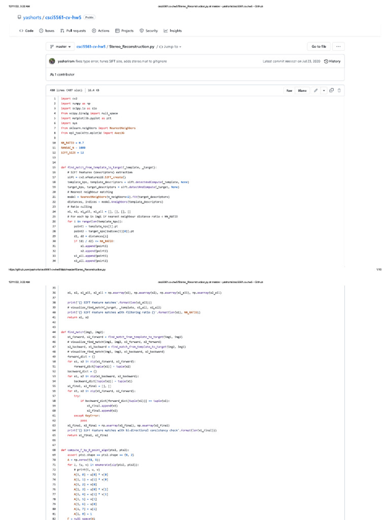 Csci5561-Cv-Hw5 - Stereo - Reconstruction.p... Er Yashorts - Csci5561-Cv-Hw5 GitHub | PDF