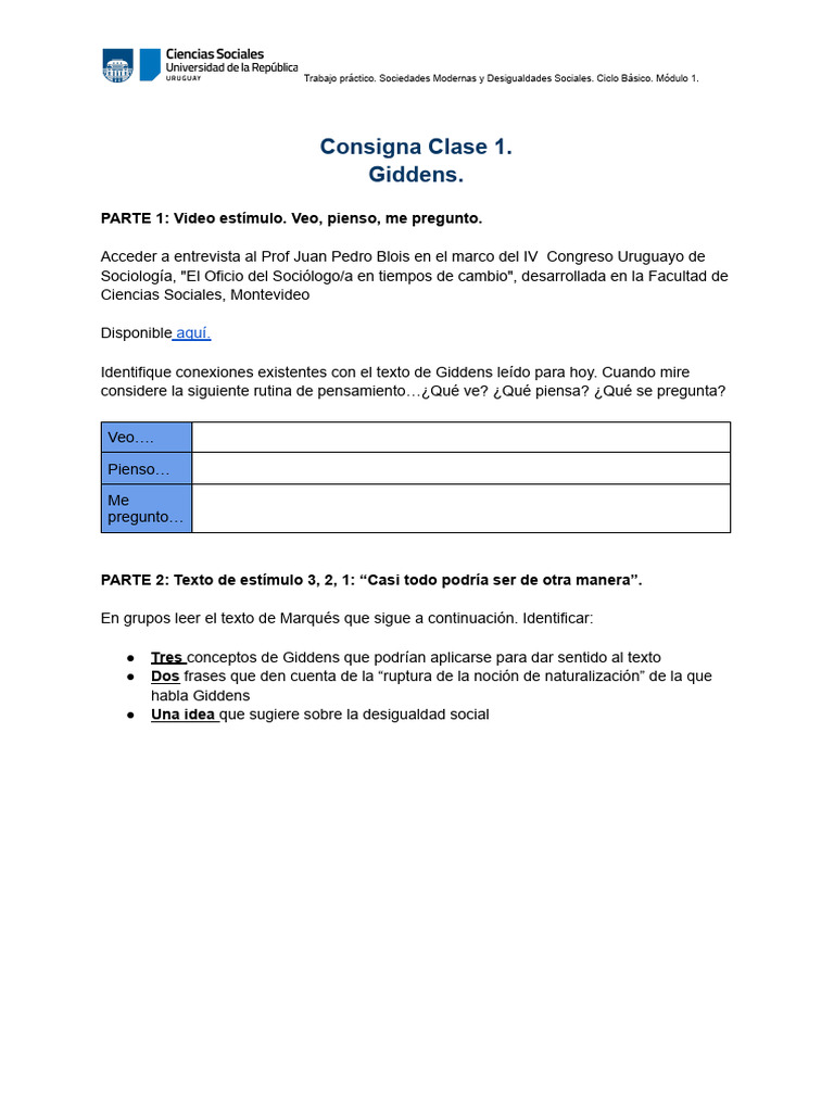 Consigna Clase - Giddens | PDF