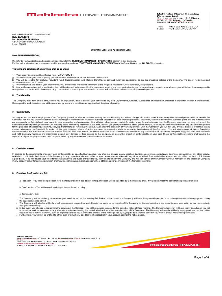 Mahindra Home finance Offer letter | PDF