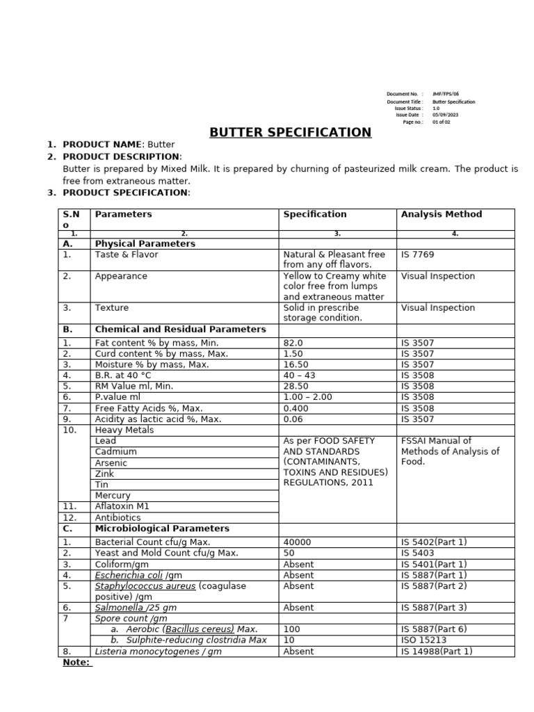 Butter Specs for Food Industry | PDF | Butter | Taste