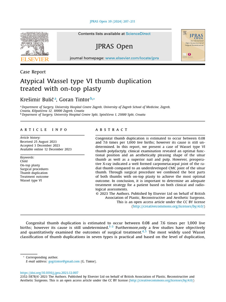 Atypical Wassel Type VI Thumb Duplication Treated | PDF