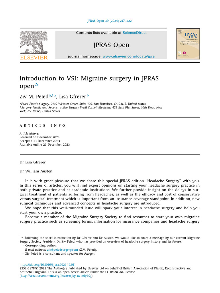 Introduction To VSI Migraine Surgery in JPRAS Ope | PDF