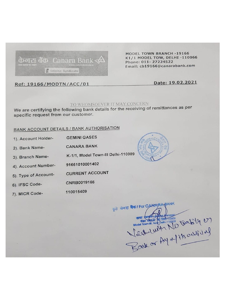 Bank Neft Details of GEMINI GASES | PDF