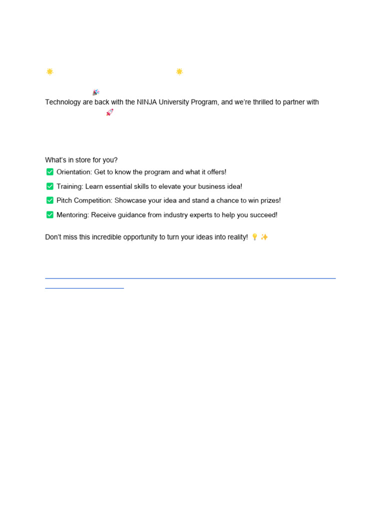 NINJA University Startup Program - MU | PDF