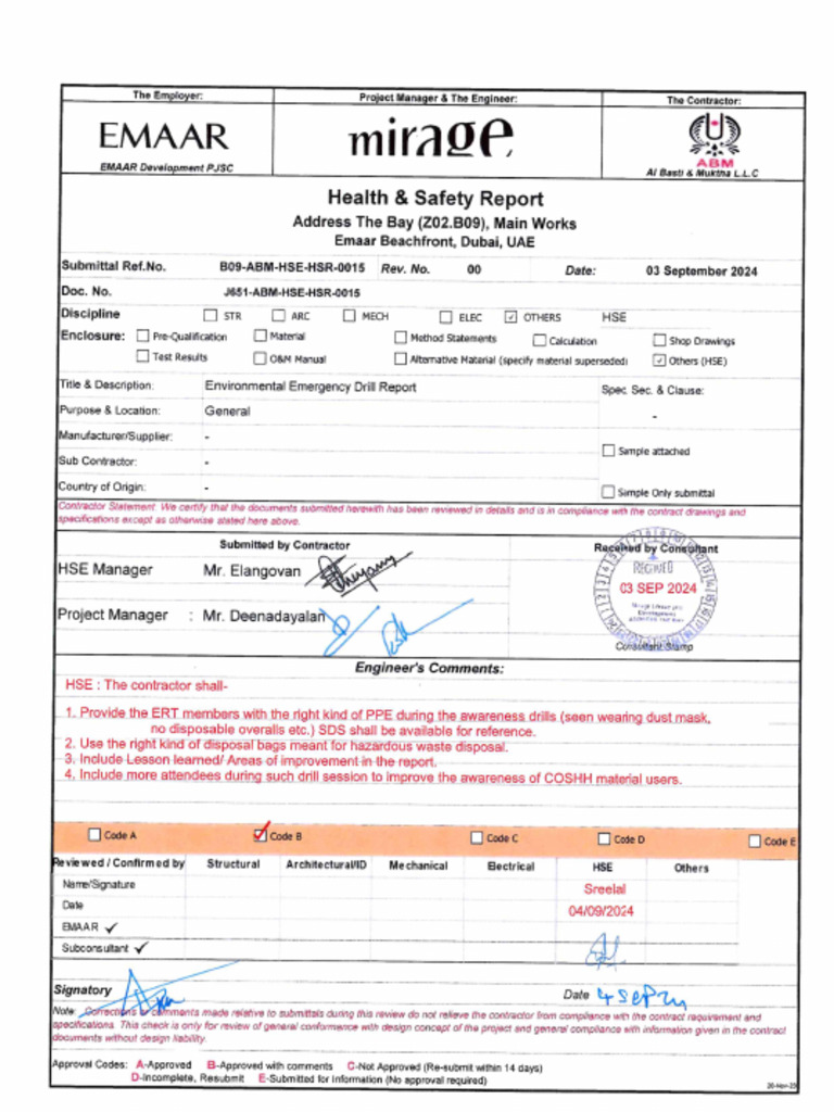 B09-ABM-HSE-HSR-0015 Rev.00 - Environmental Emergency Drill Report - Code B | PDF