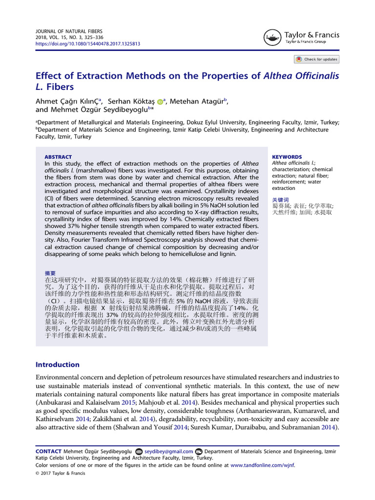 Effect of Extraction Methods On The Properties of Fibers: Althea ...
