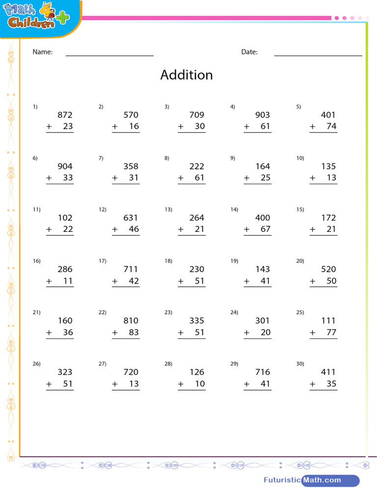 Addition 2 to 3 Digit Numbers Worksheet | PDF