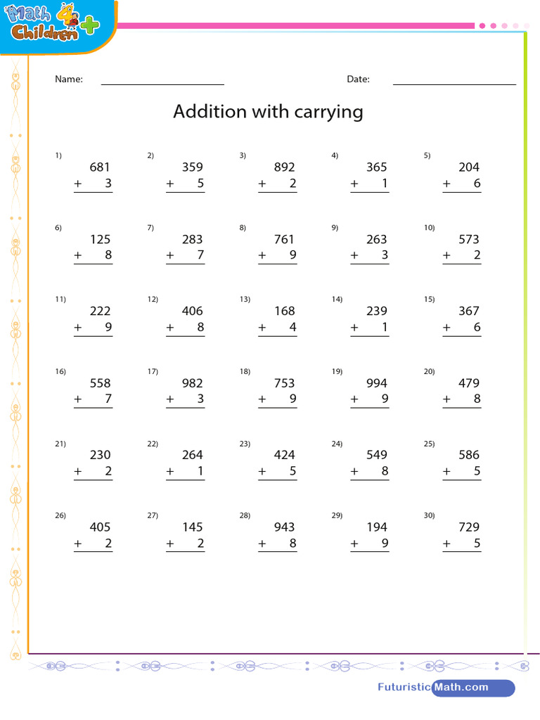 Addition 3 to 1 Digit Numbers Worksheet | PDF