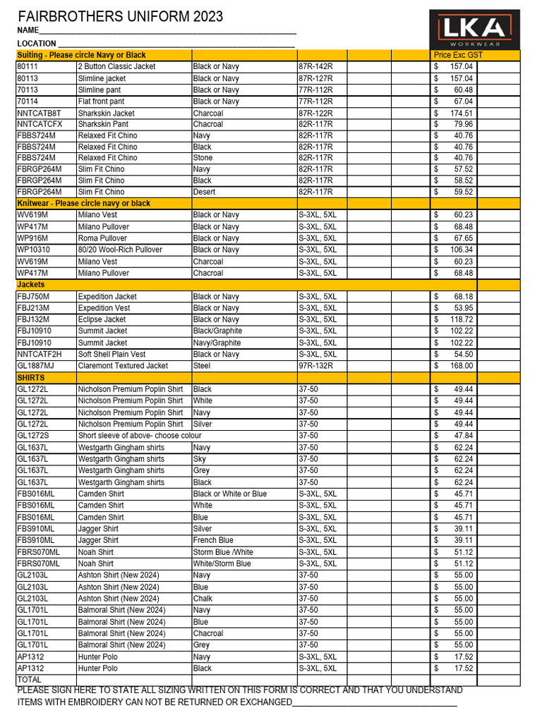 Corporate Unifrom Order Form (Mens) 2024 | PDF