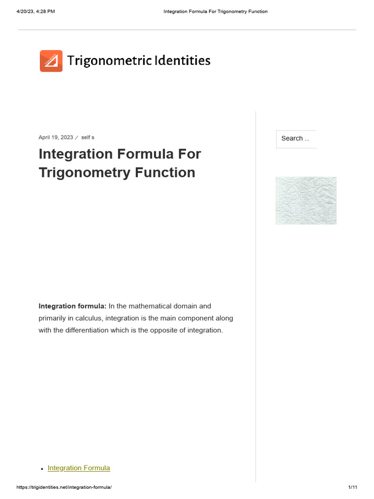 Integration Formula For Trigonometry Function | PDF