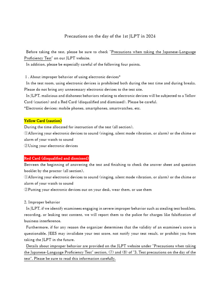 Precautions On The Day of The 1st JLPT in 2024: Red Card (Disqualified ...