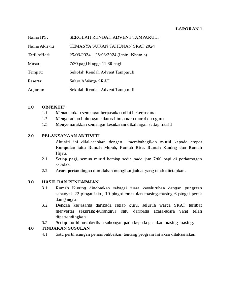 Srat Laporan Kokurikulum 3 Temasya Sukan Tahunan Srat 2024 | PDF