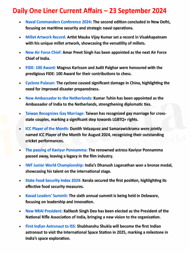 Daily One Liner Current Affairs - 23 September 2024 | PDF